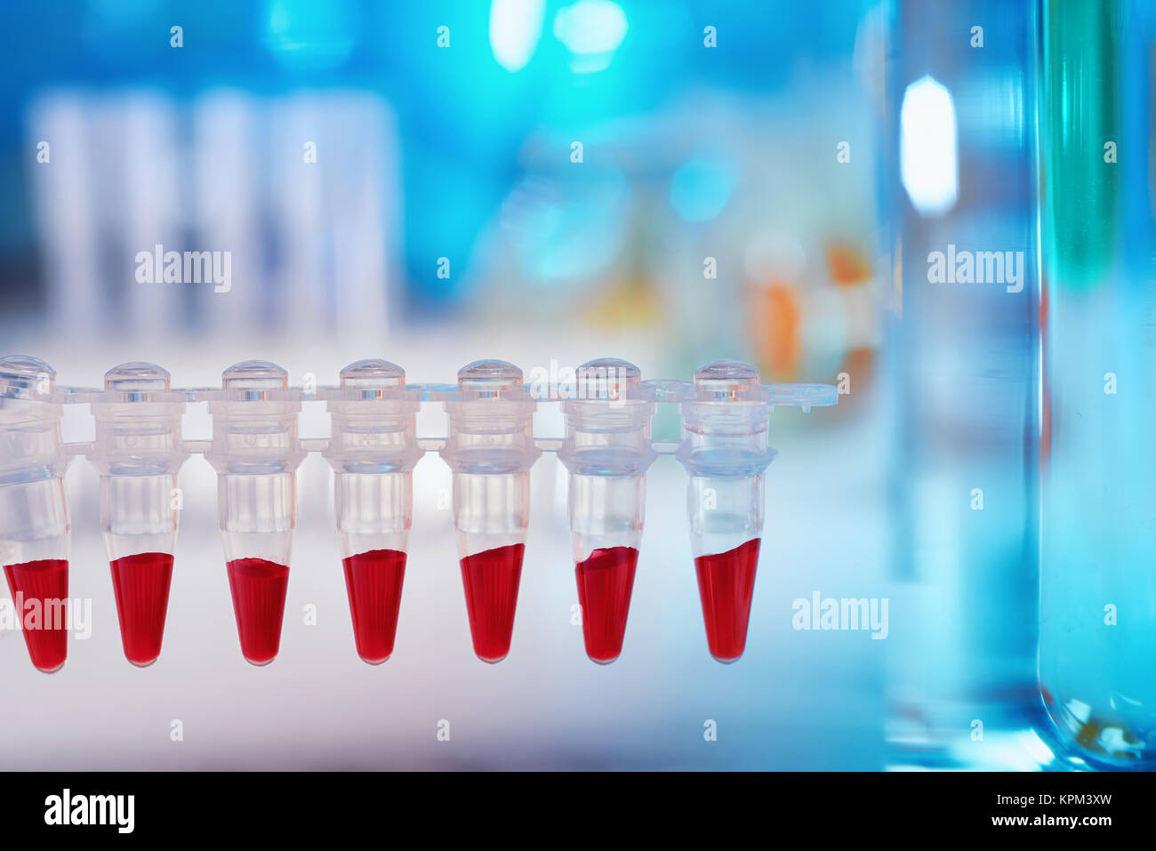 Scientific background with text space in blue and red. Closeup on ...