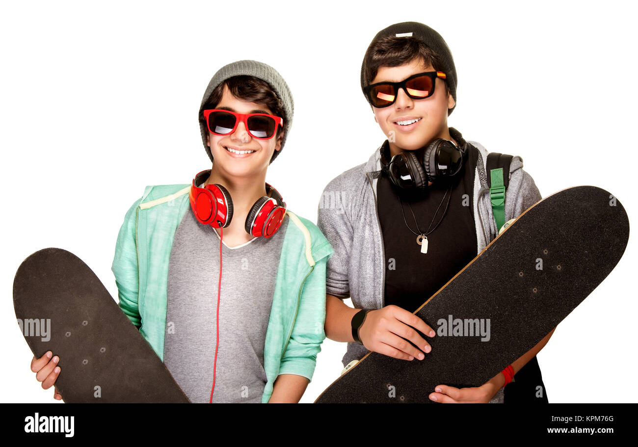 Happy boys with skateboards Stock Photo - Alamy