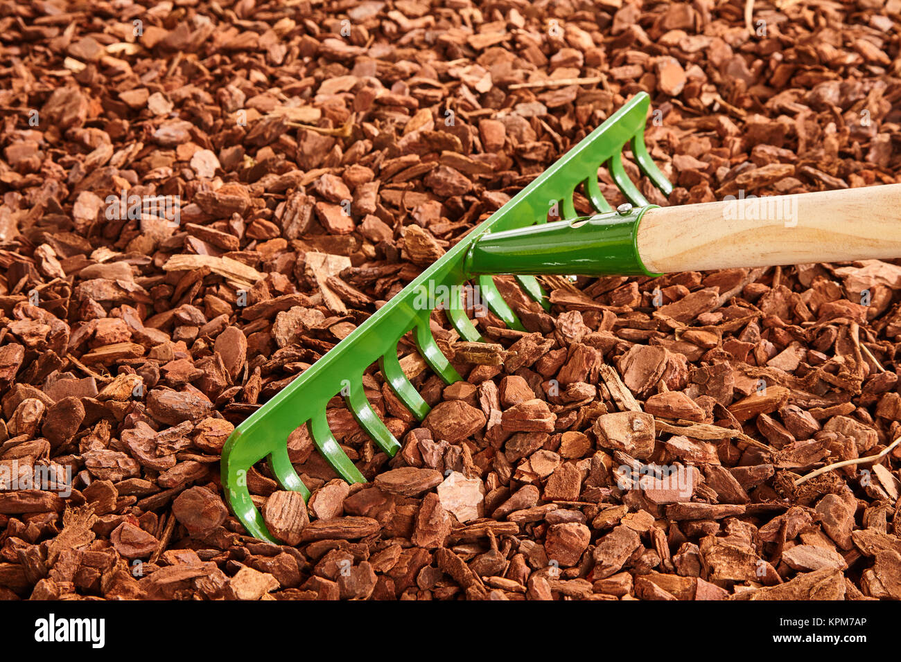 Single green painted garden rake with thick tines over red colored wood ...