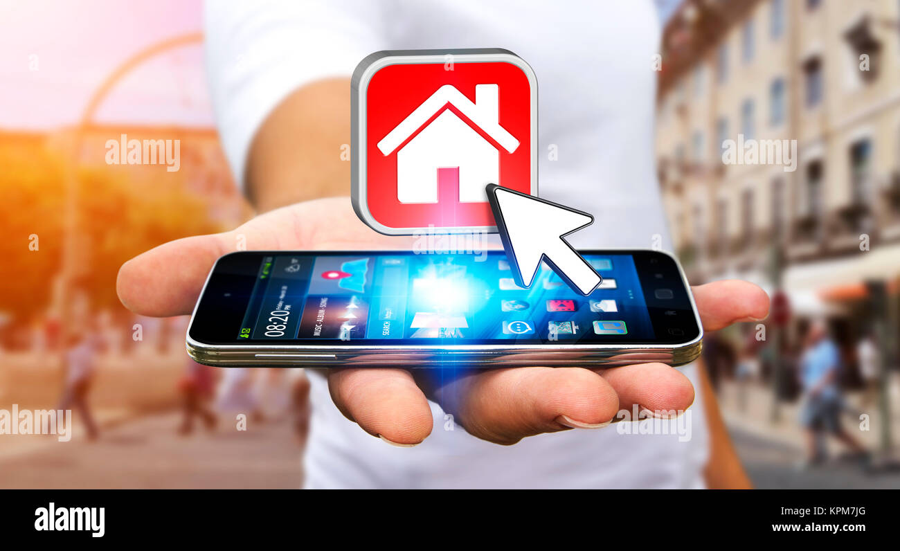 Businessman using modern mobile phone to rent a flat Stock Photo - Alamy