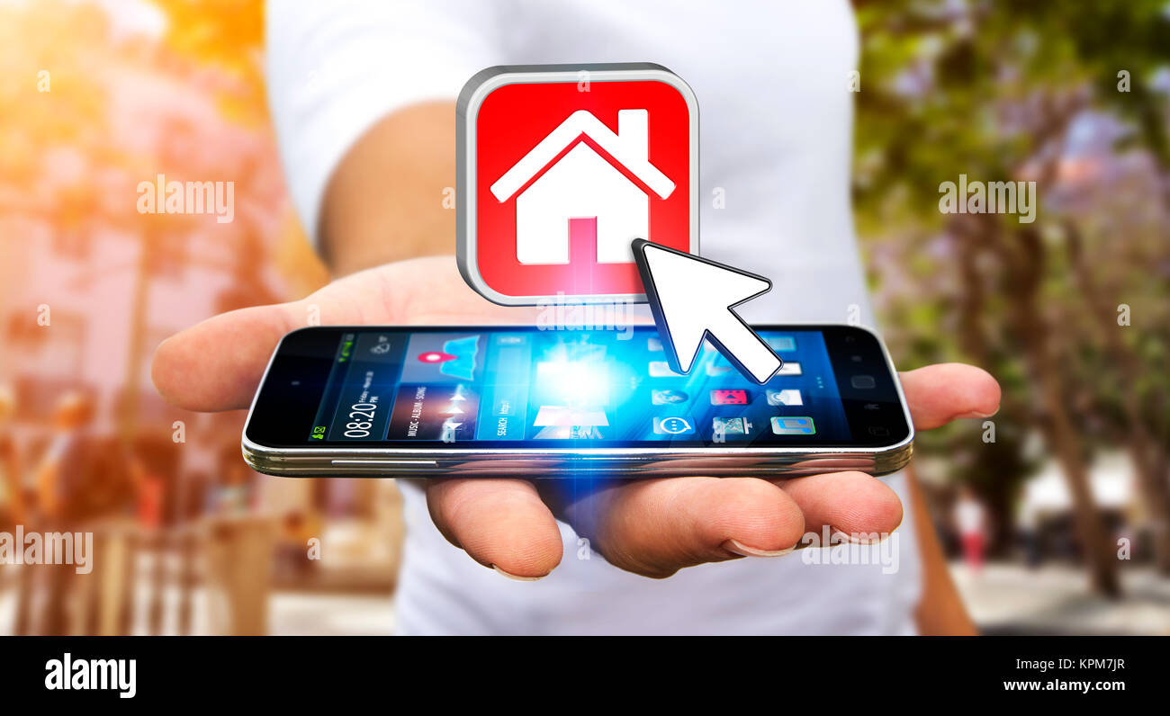 Businessman using modern mobile phone to rent a flat Stock Photo - Alamy