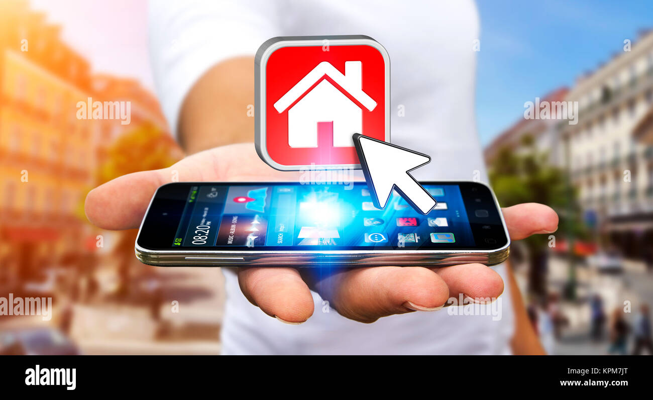 Businessman using modern mobile phone to rent a flat Stock Photo - Alamy