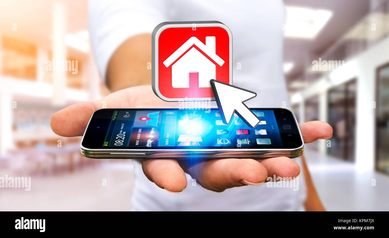 Businessman using modern mobile phone to rent a flat Stock Photo - Alamy