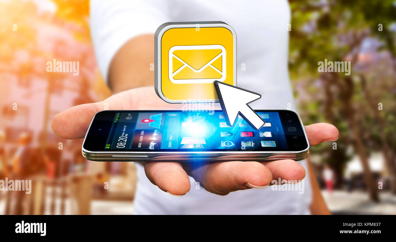 Young man using modern mobile phone to send message Stock Photo - Alamy