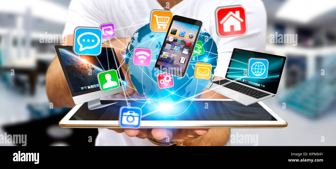 Businessman holding tech device in his hand Stock Photo - Alamy