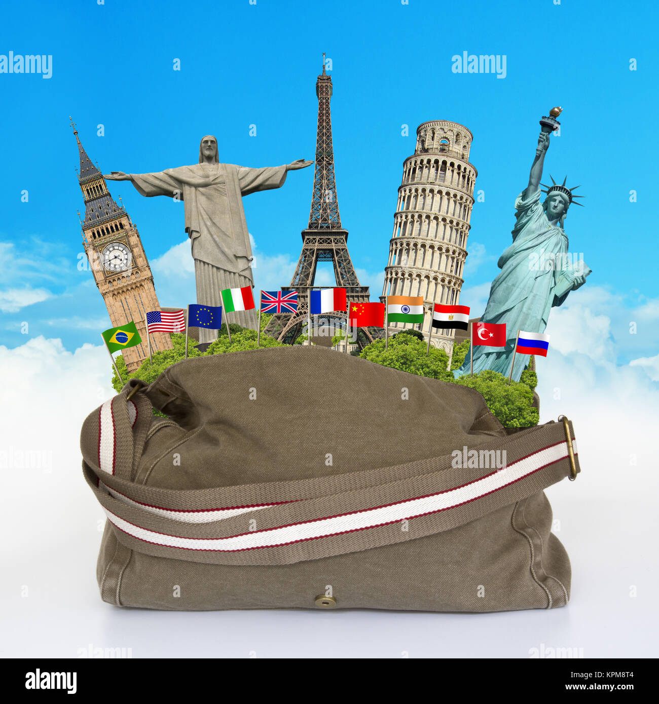 illustration of a travel bag full of famous monument Stock Photo - Alamy
