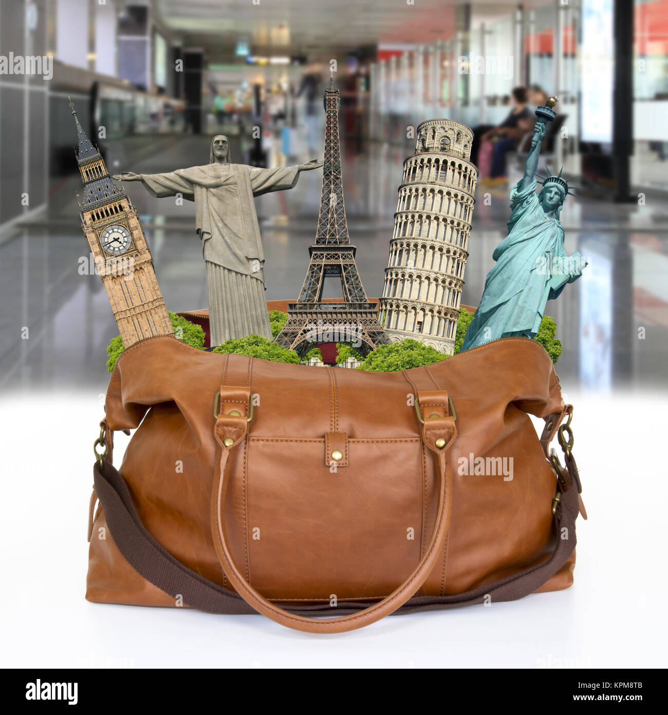 illustration of a travel bag full of famous monument Stock Photo - Alamy