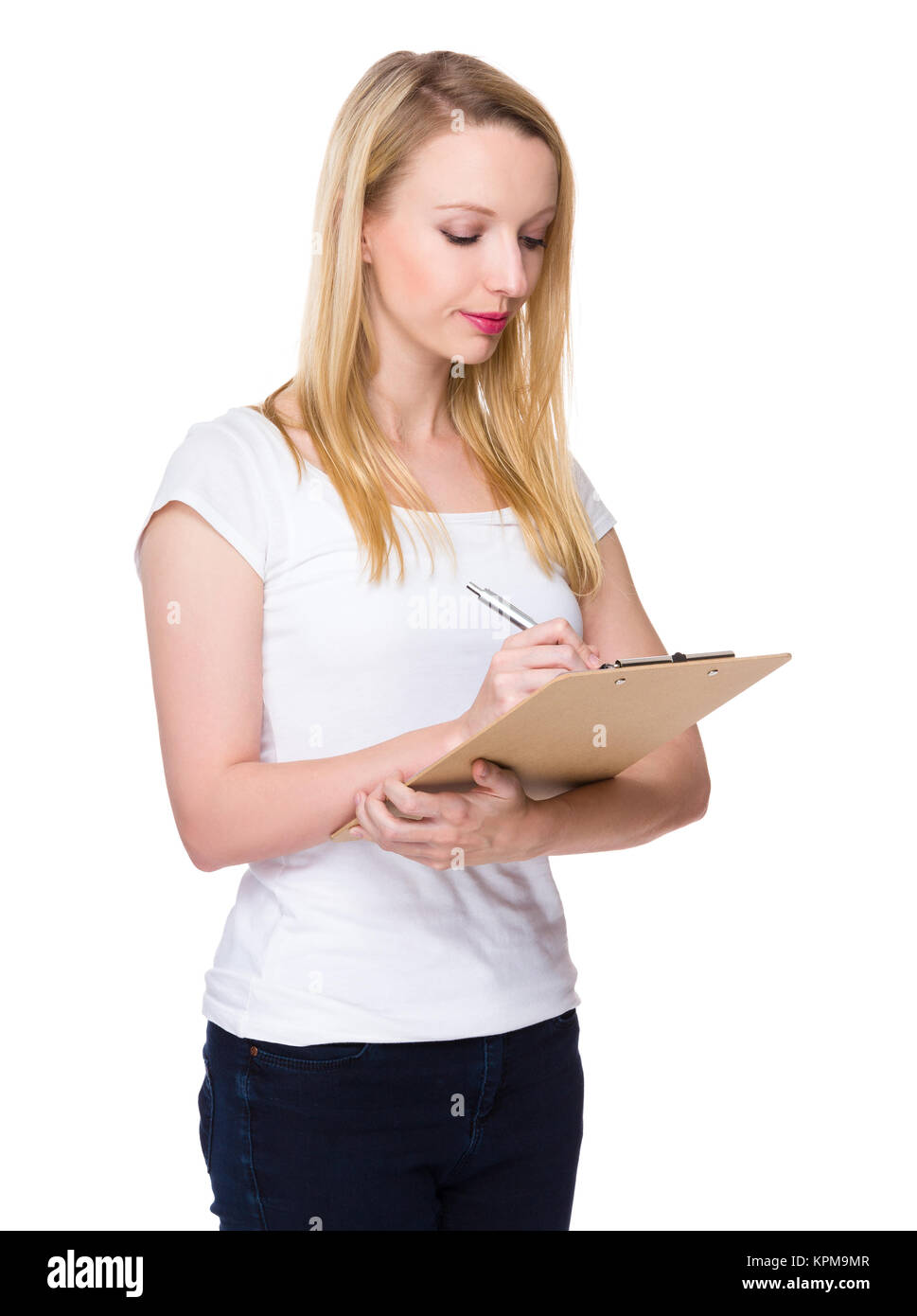Caucasian woman take note on clipboard Stock Photo - Alamy