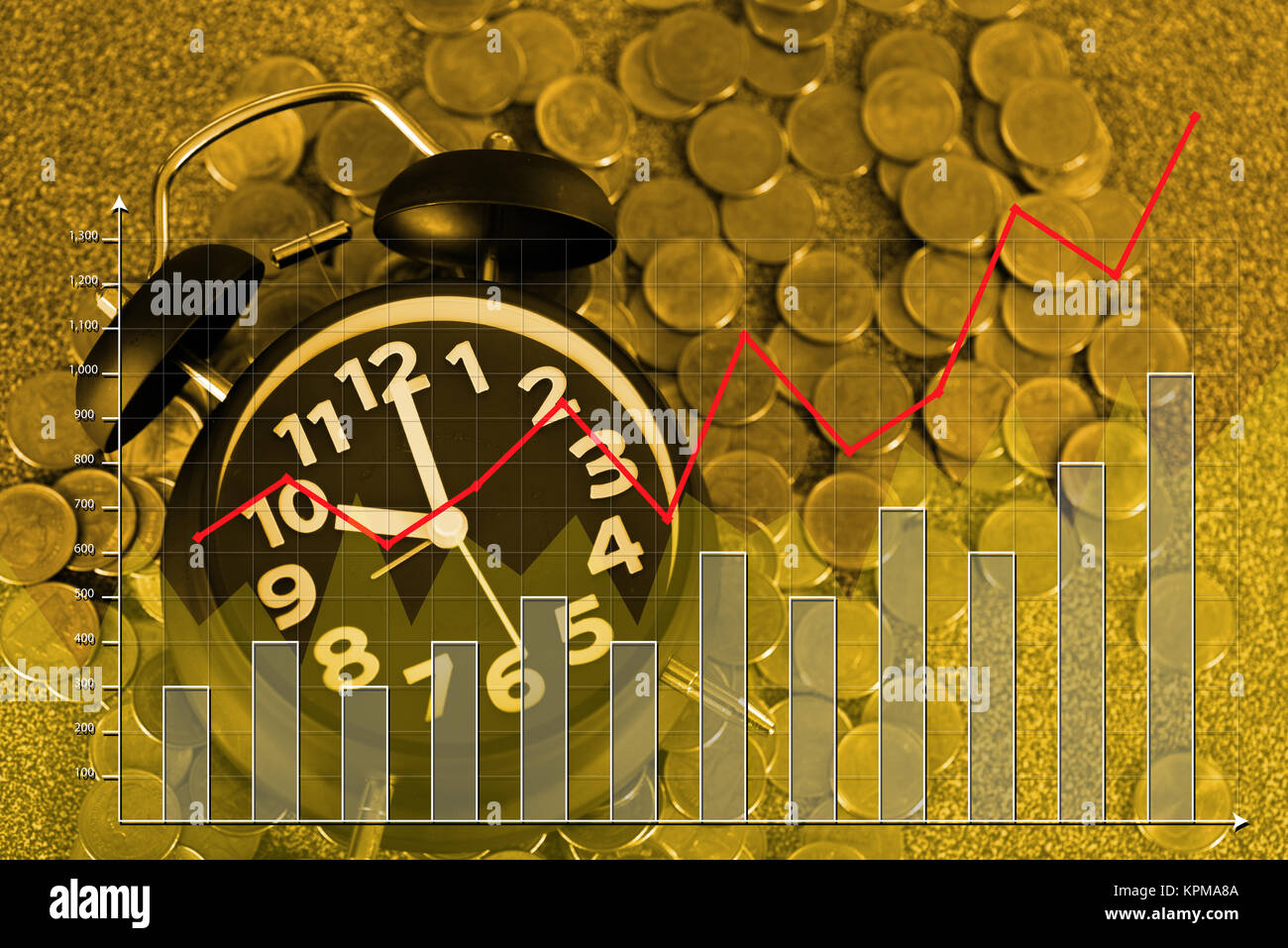 Double exposure alarm clock and piles of coin on working table with ...