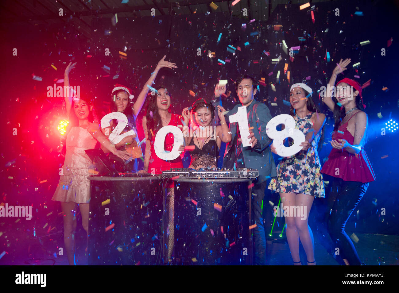 Group of people dancing at night club party and lights background Stock ...
