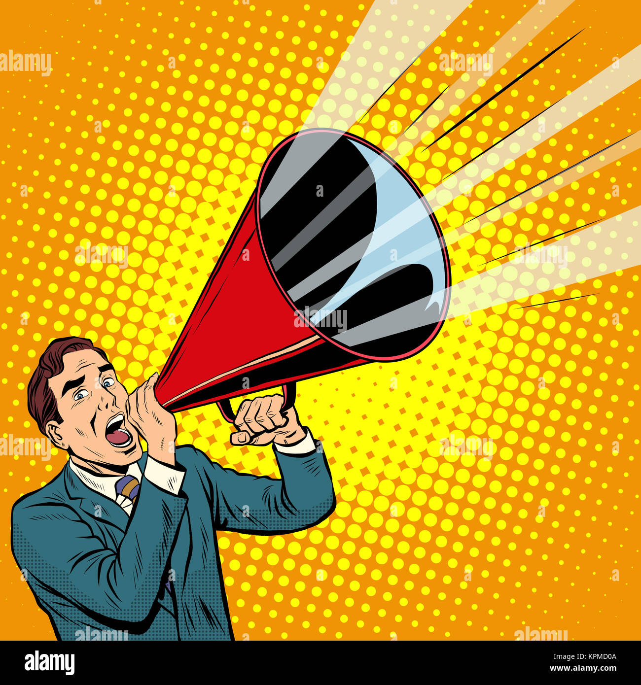 Businessman agitator with a megaphone pipe Stock Photo - Alamy