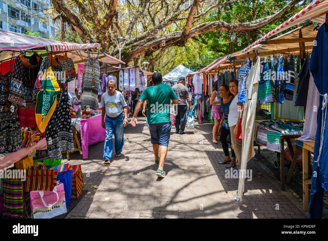 Busy market in Rio de Janeiro, Brazil offering a variety of clothes and ...