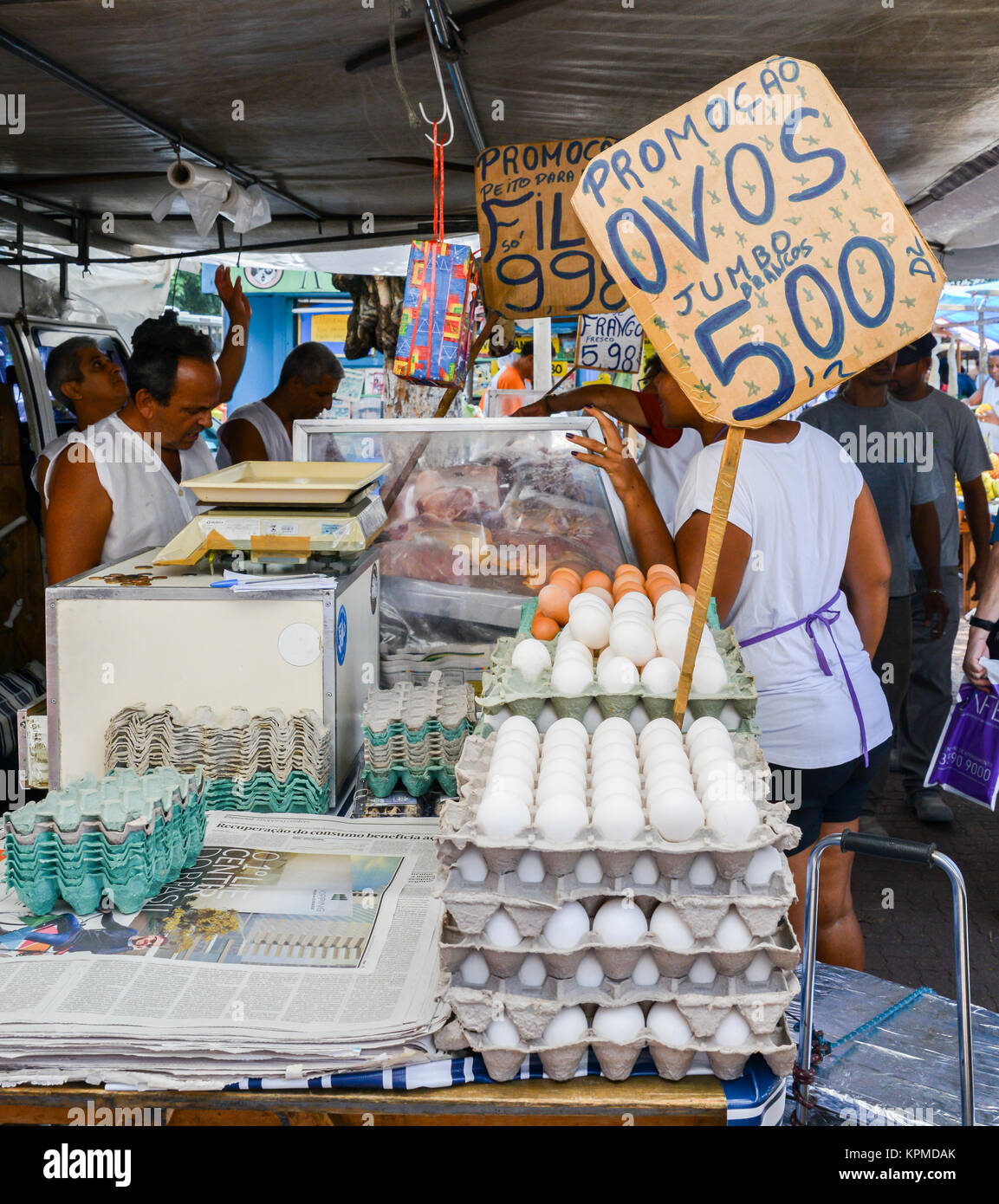 A stall in a market in Rio de Janeiro, Brazil offering poultry and eggs ...