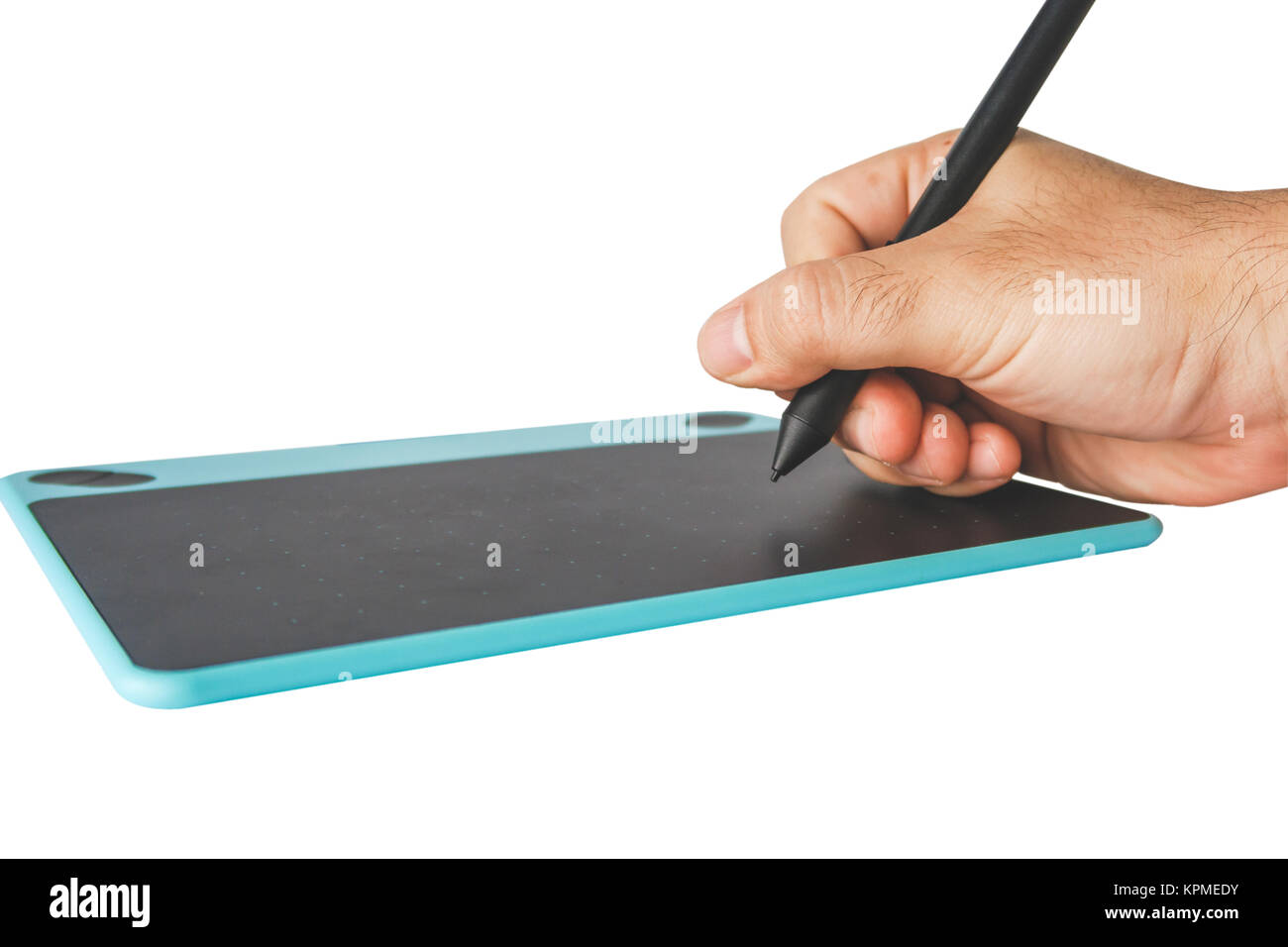 Close up Hand on pen and mouse pad table on white background Stock ...