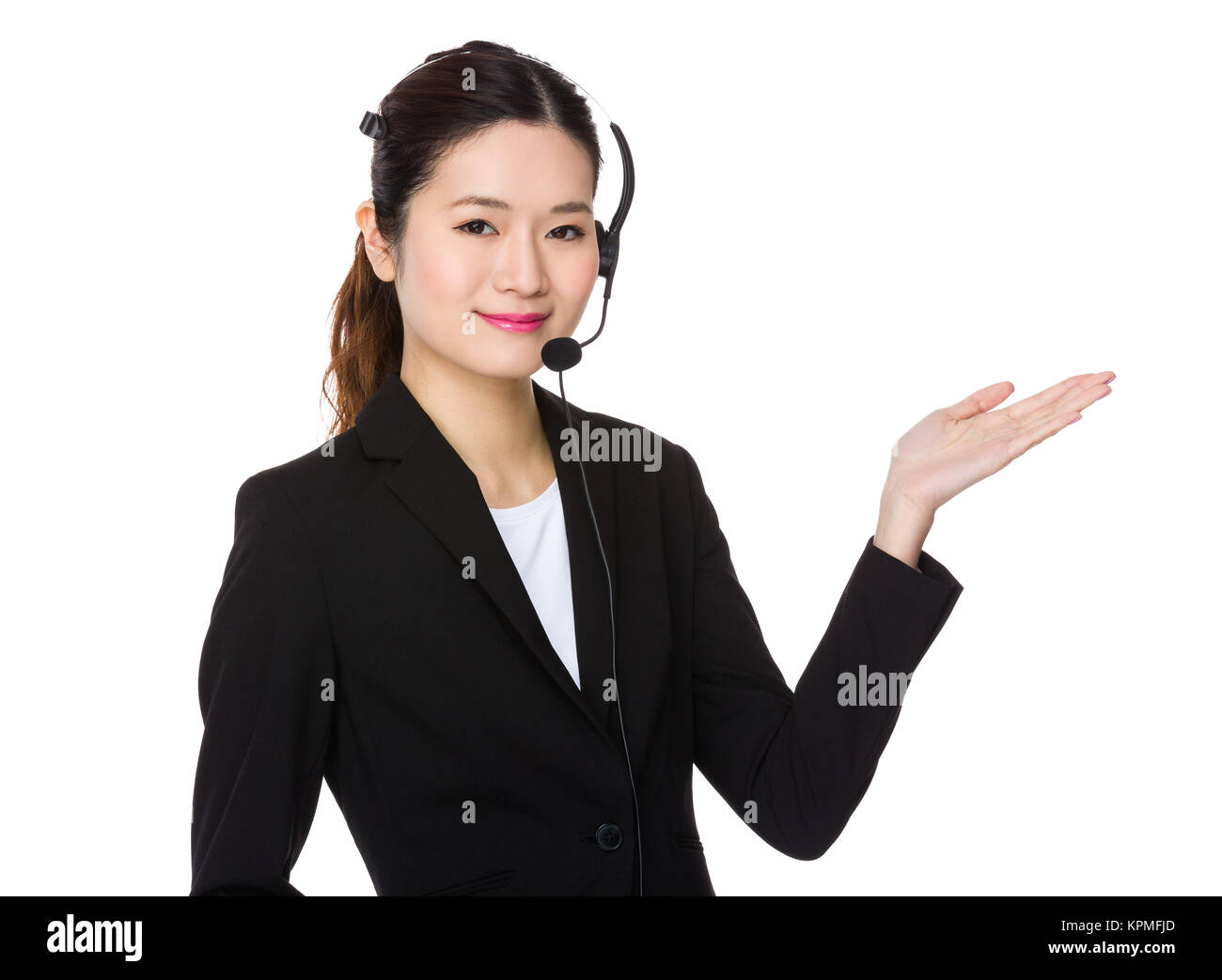 Customer services assistant with open hand palm Stock Photo - Alamy