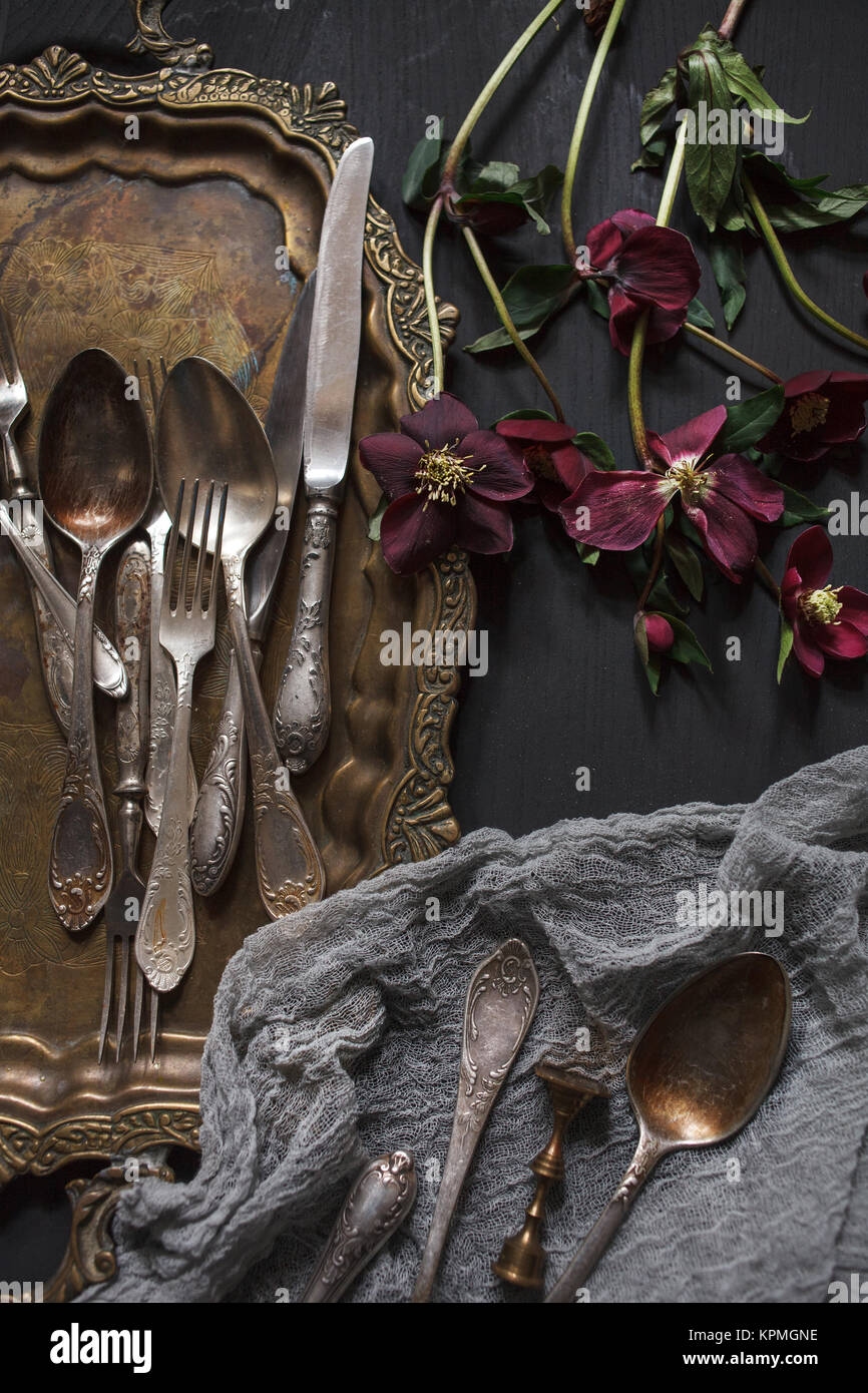 Old vintage ornamented cutlery and antique nickel copper tray Stock ...