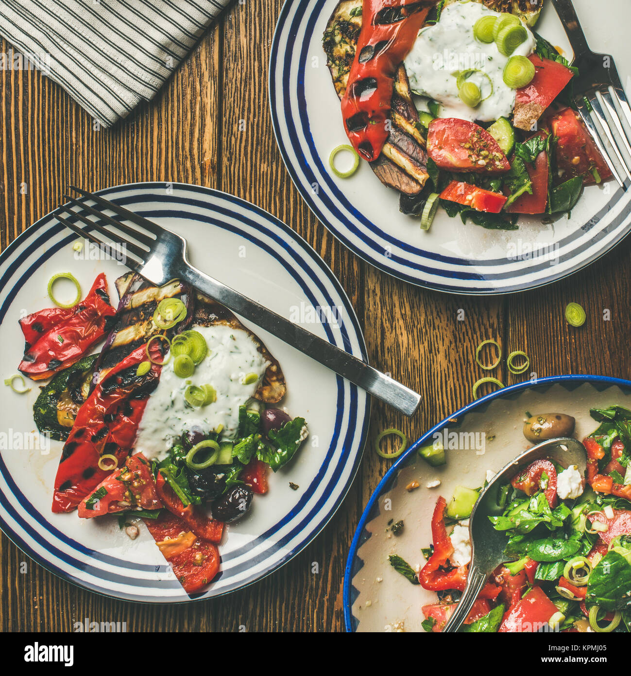 Flat-lay of healthy dinner table setting with vegan appetizers Stock ...