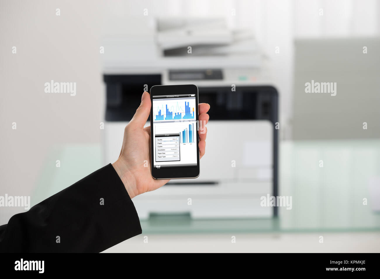 Businesswoman Hand Giving Print Command On Smart Phone Stock Photo - Alamy
