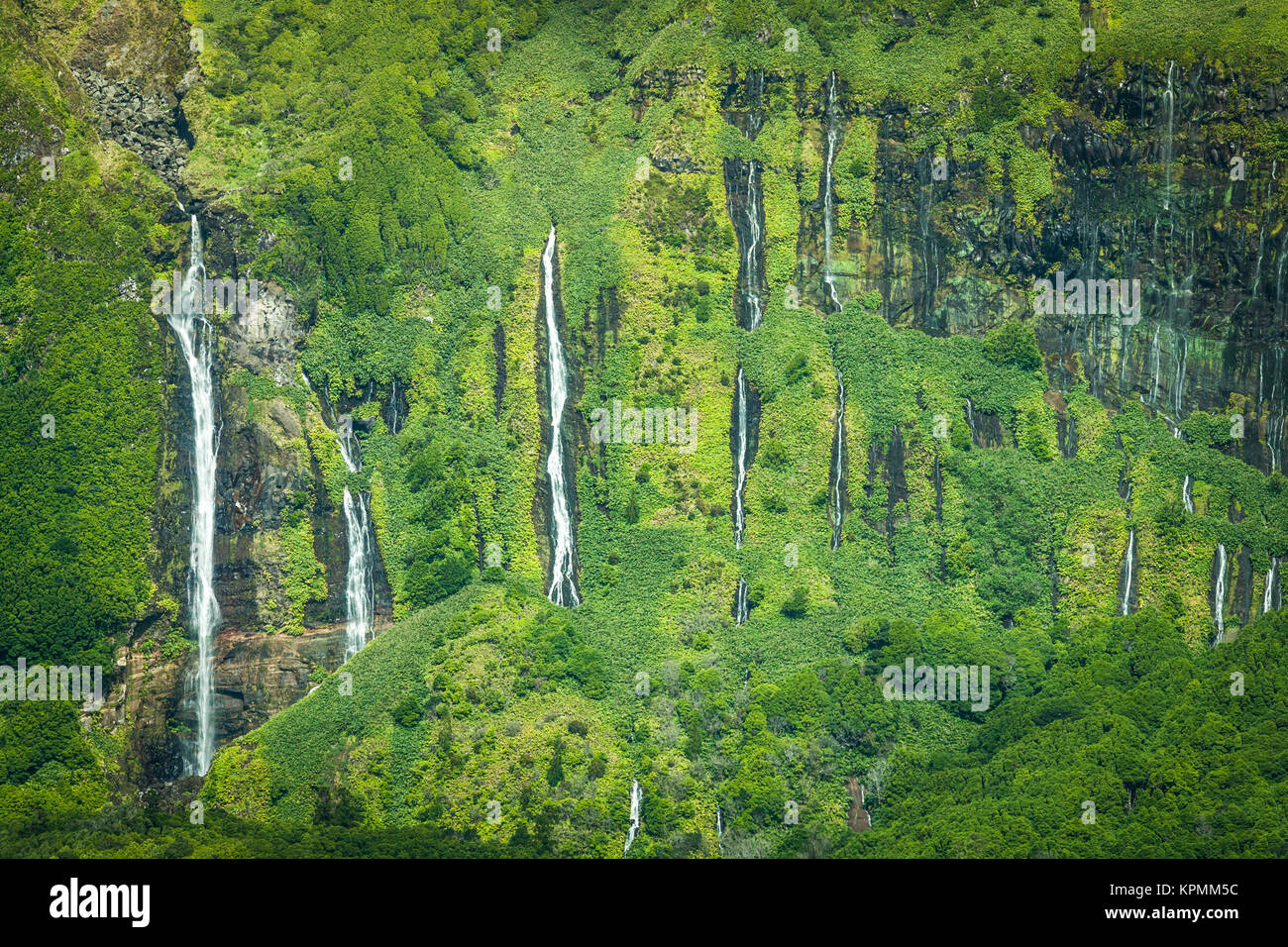 Azores landscape with waterfalls and cliffs in Flores island. Portugal ...