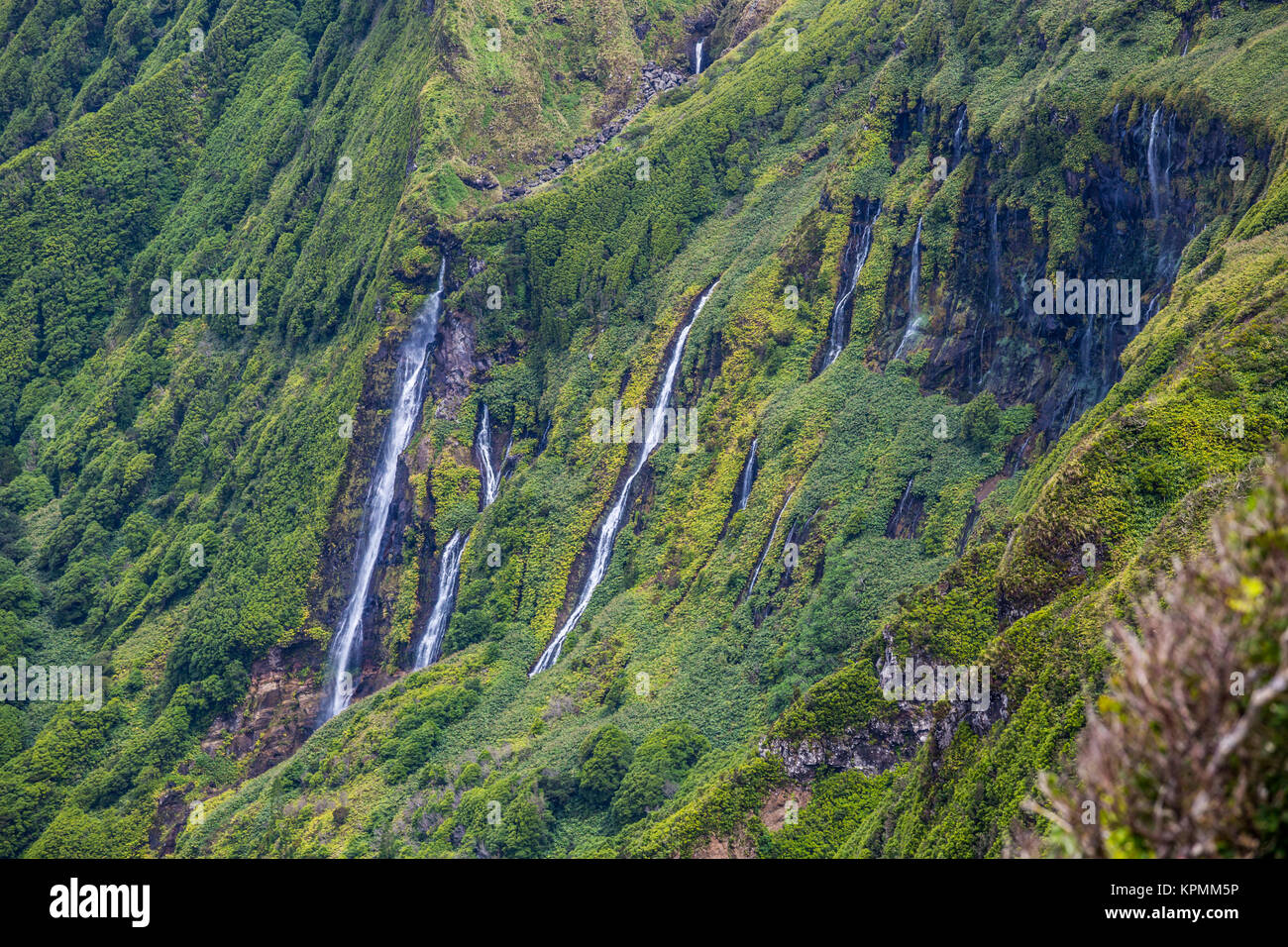 Azores landscape with waterfalls and cliffs in Flores island. Portugal ...