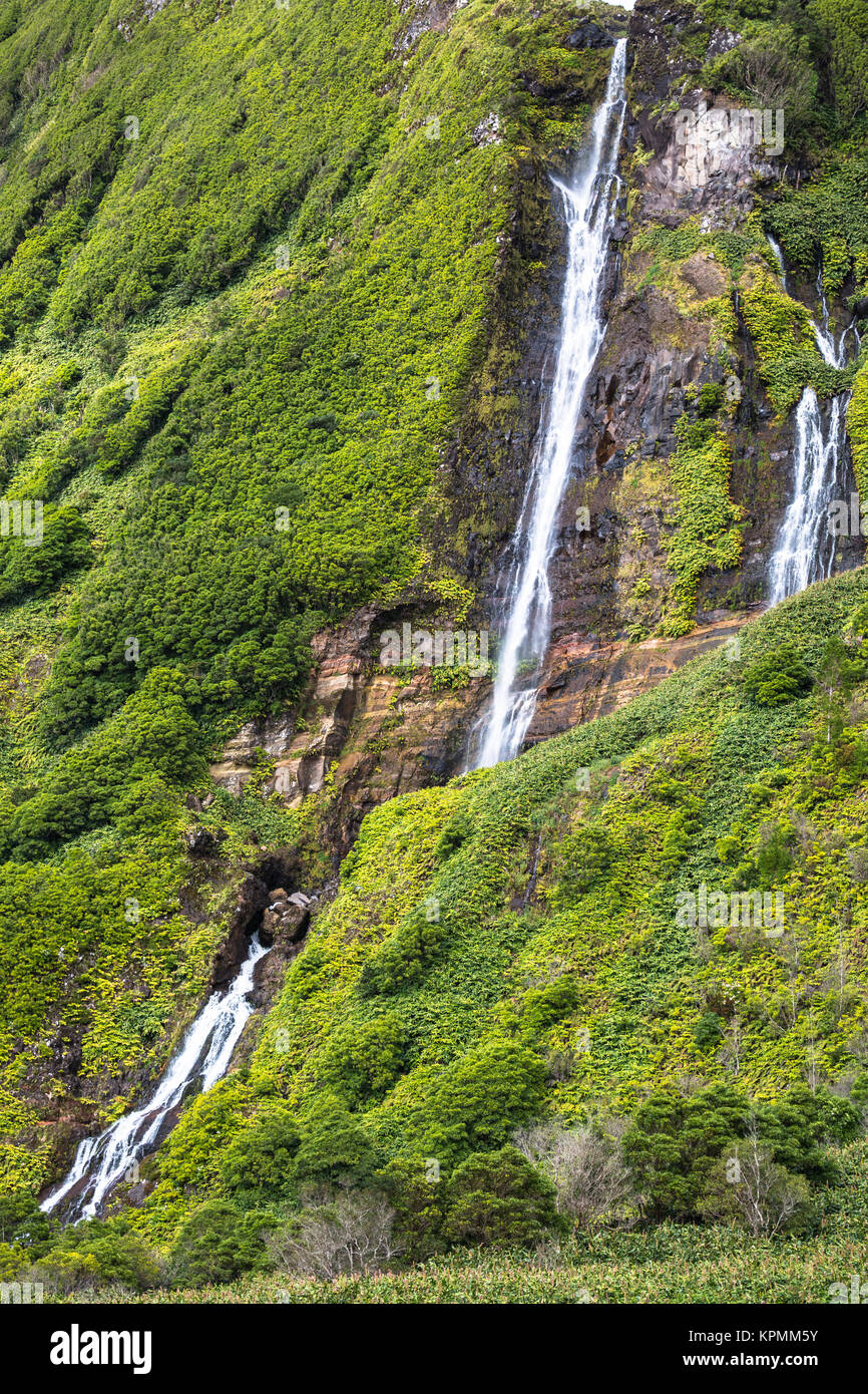 Azores landscape with waterfalls and cliffs in Flores island. Portugal ...