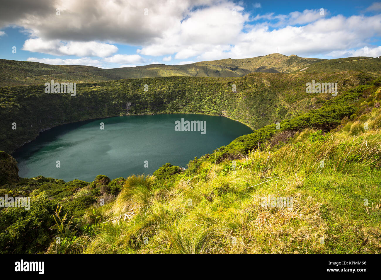 Azores landscape with lakes in Flores island. Caldeira Comprida Funda ...