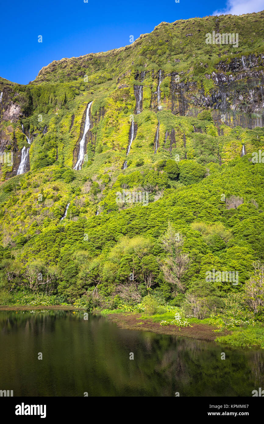 Azores landscape with waterfalls and cliffs in Flores island. Portugal ...