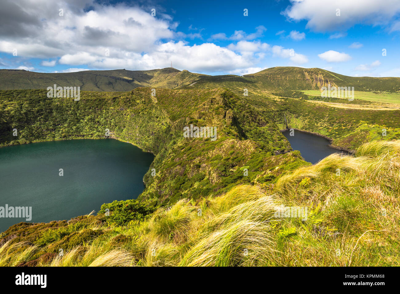 Azores landscape with lakes in Flores island. Caldeira Comprida Funda ...