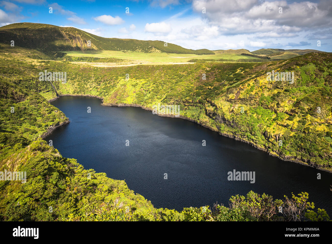 Azores landscape with lakes in Flores island. Caldeira Comprida Funda ...