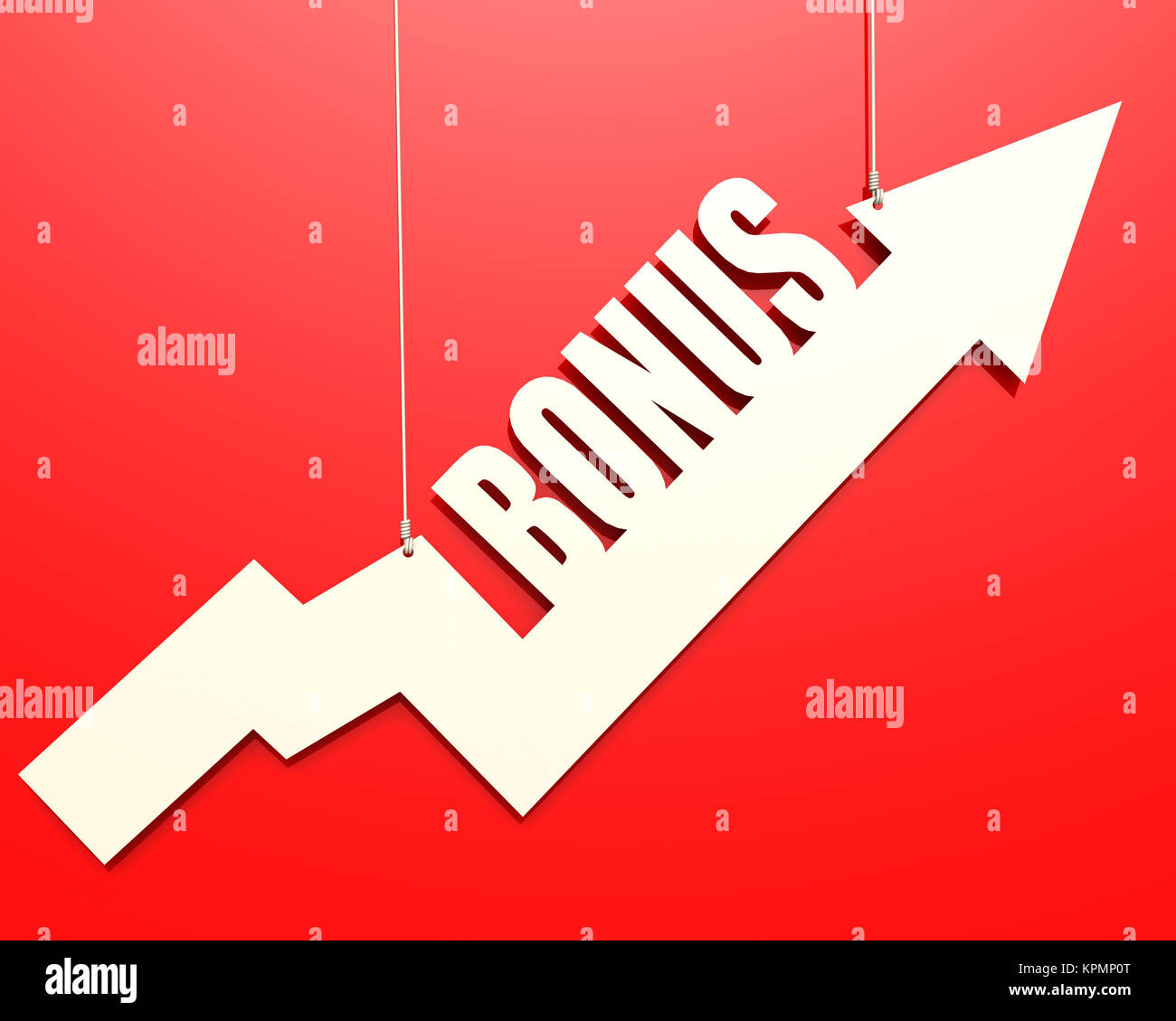White arrow with bonus word hang on red background Stock Photo - Alamy