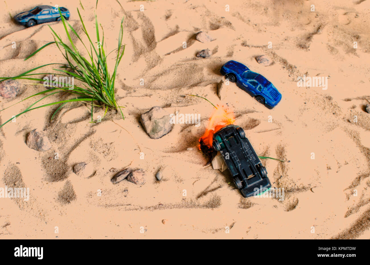 Retro racing cars on a racing track for competitions or childhood. One ...