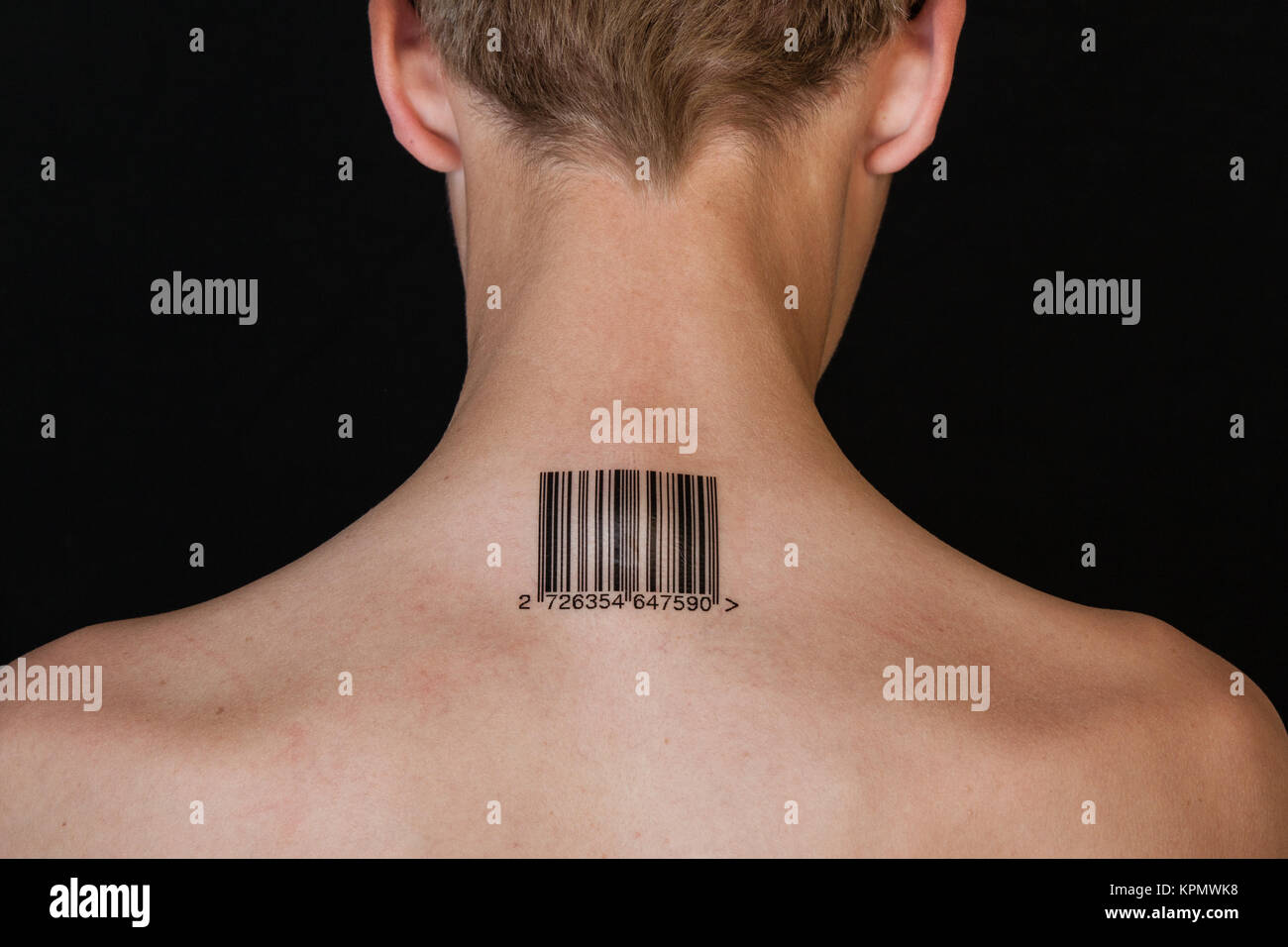 Shirtless individual stamped with bar code on neck Stock Photo - Alamy
