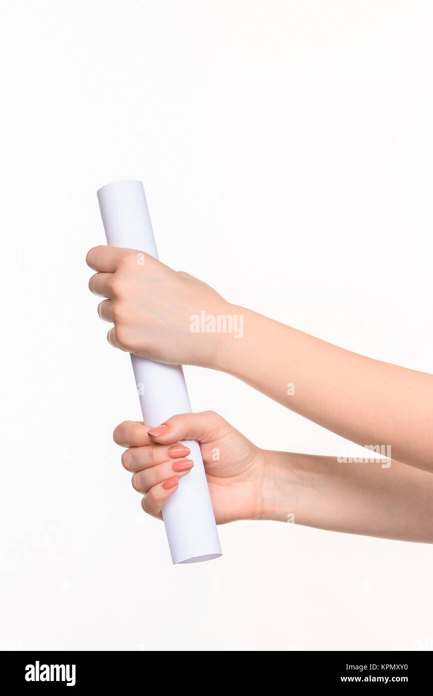 The cylinder female hands on white background Stock Photo - Alamy