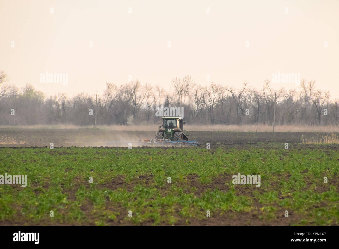 Tractor plowing the soil processes Stock Photo - Alamy