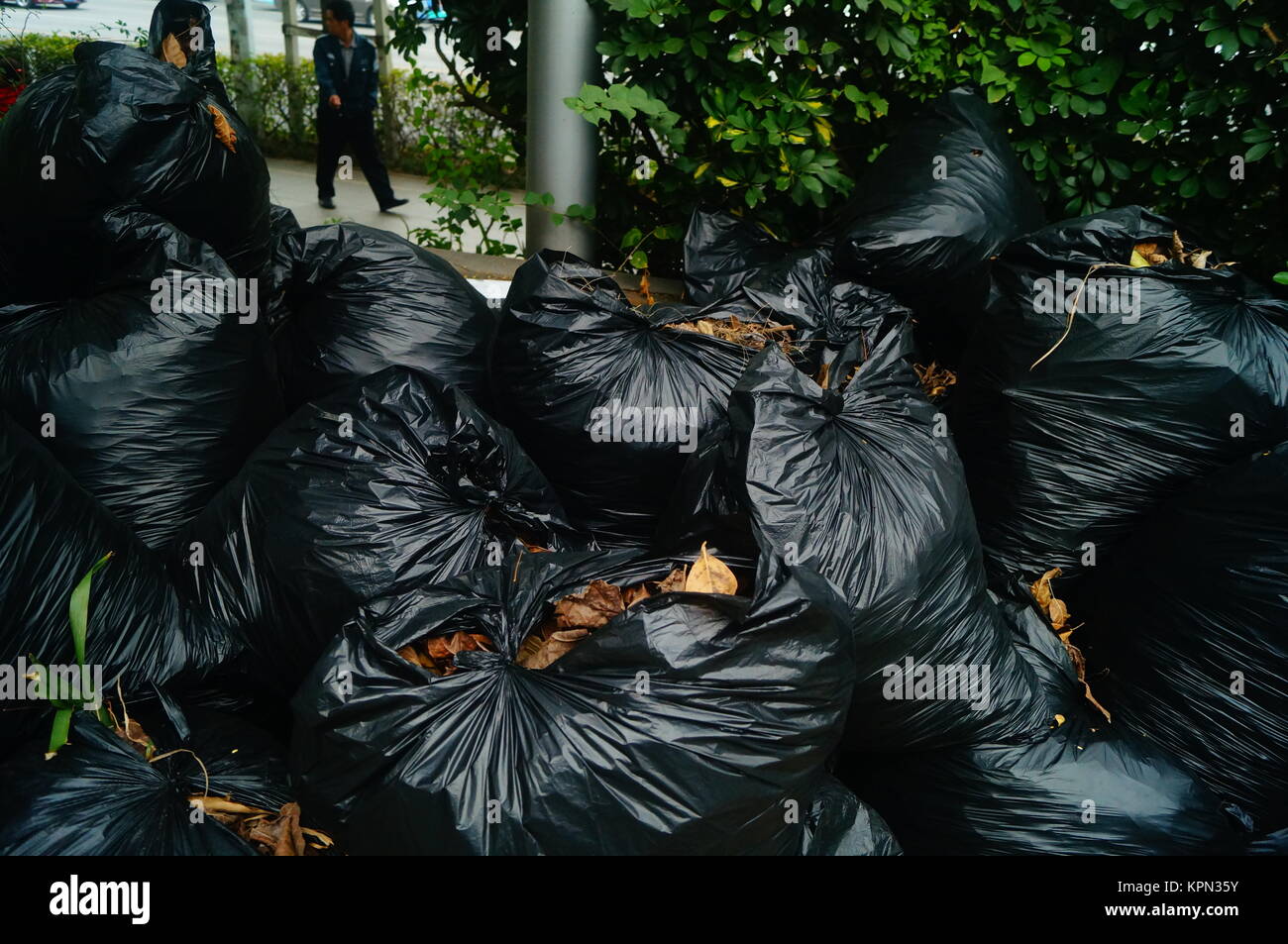 Black plastic bags filled with garbage, heaps of heaps, on the city ...