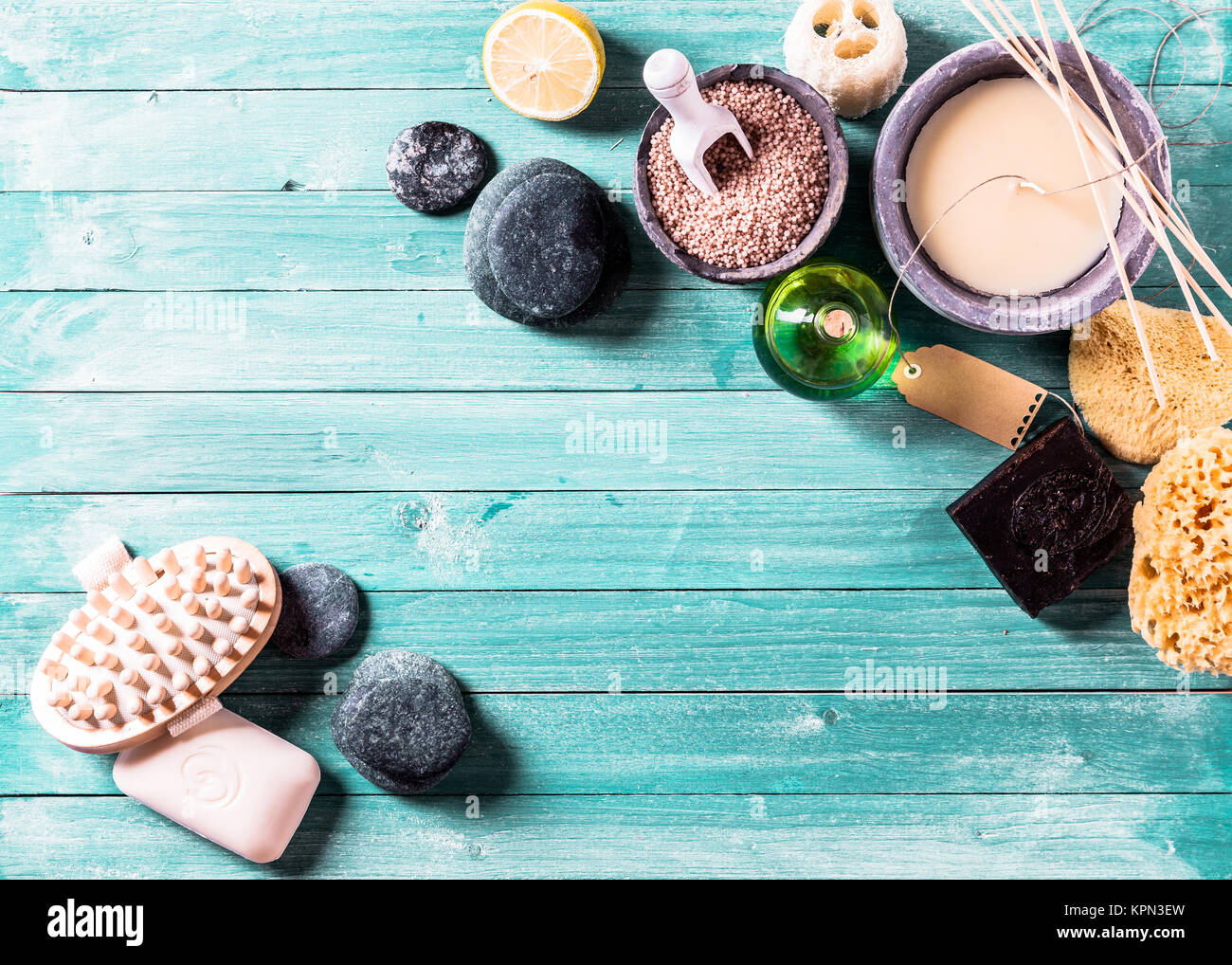 Aromatherapy conceptual background with arranged stones, essential oils ...