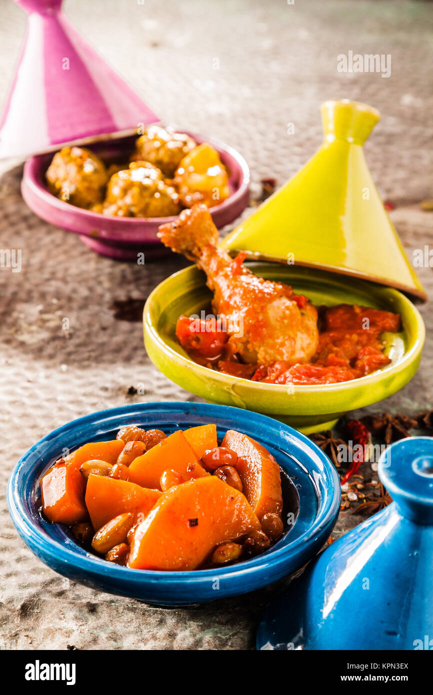 Still Life Close Up of Traditional Tajine Dishes of Savory Chicken Legs ...