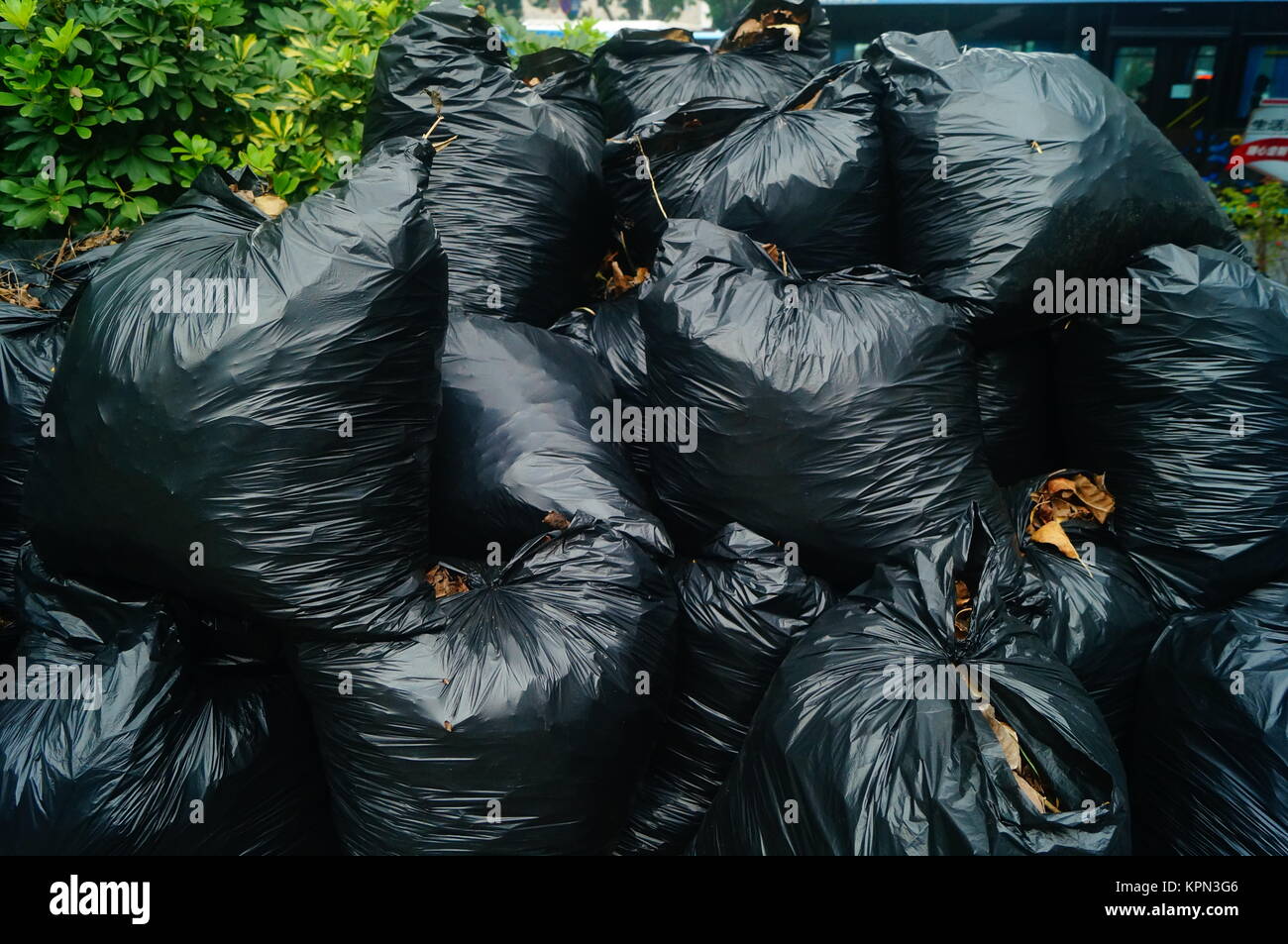 Black plastic bags filled with garbage, heaps of heaps, on the city ...