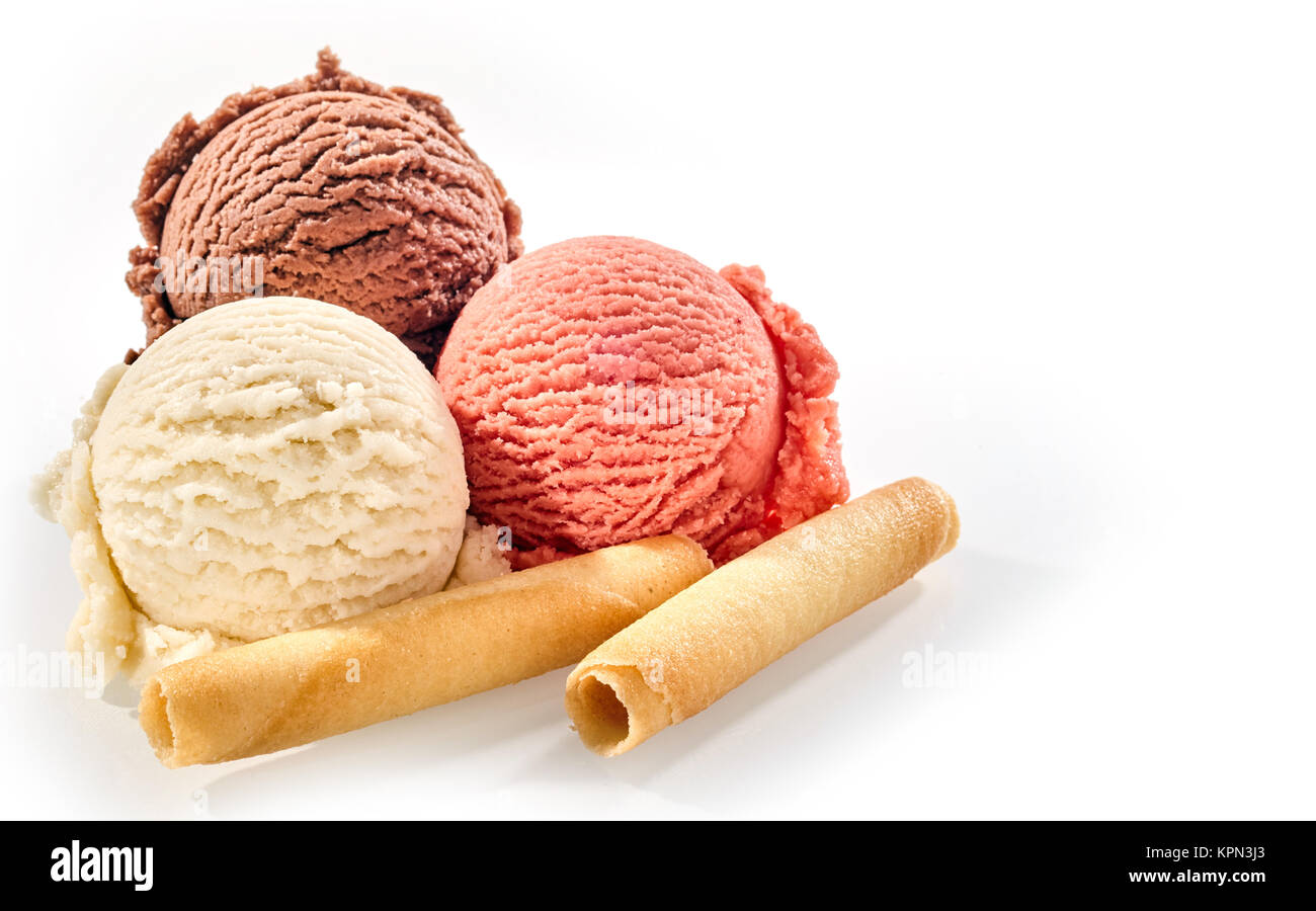 Three scoops of delicious homemade frozen italian dessert against a ...