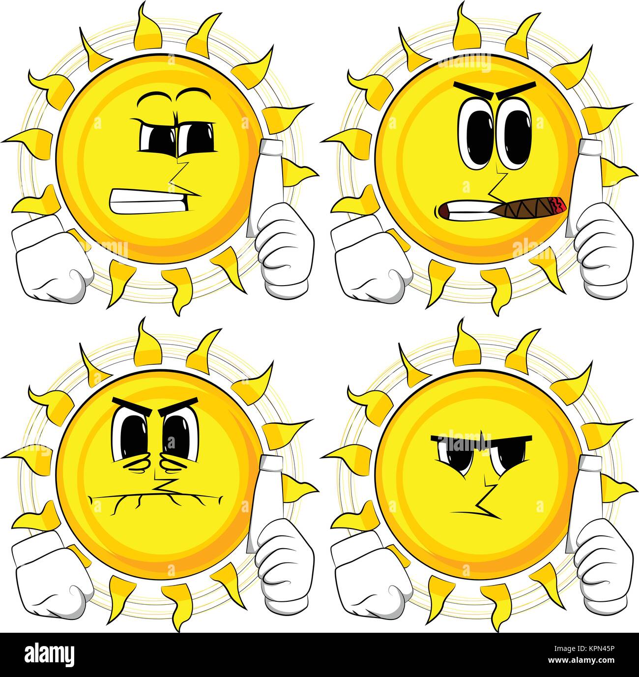 Cartoon sun holding blank tube of paste. Collection with angry faces ...