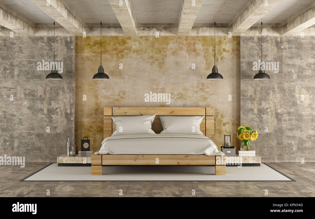Wooden double bed in grunge room Stock Photo - Alamy