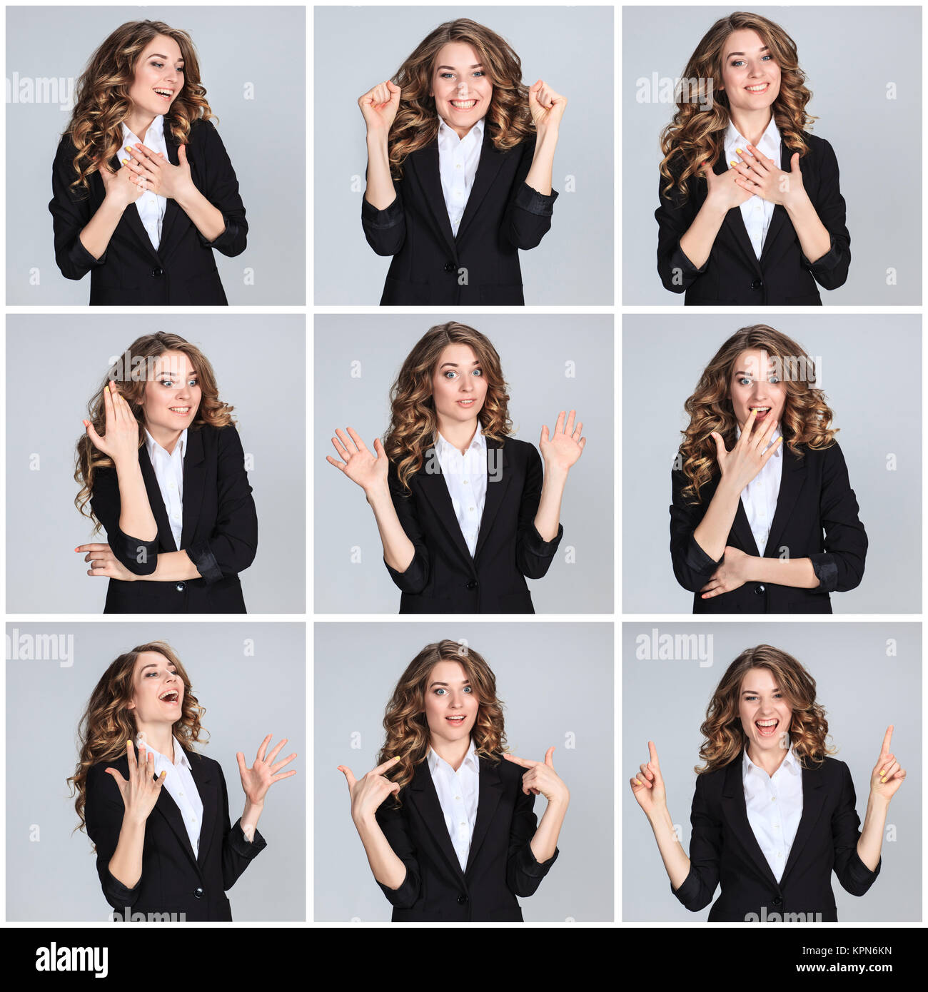 The collage of young woman' s portraites with happy emotions Stock ...