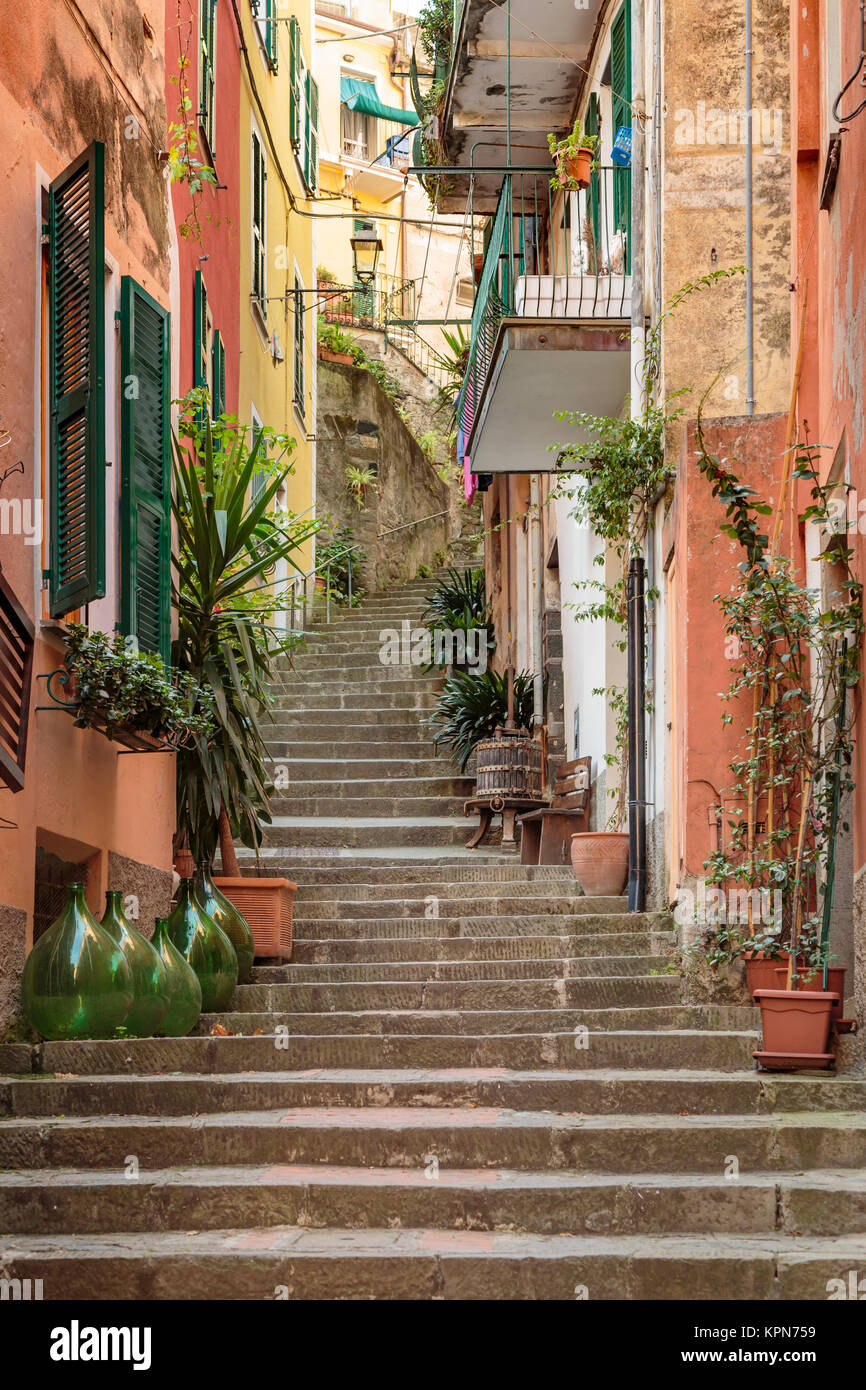 Shops and storefronts with stairs in Monterosso al Mare, Liguria, Italy ...