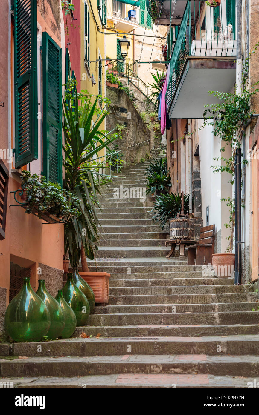 Shops and storefronts with stairs in Monterosso al Mare, Liguria, Italy ...