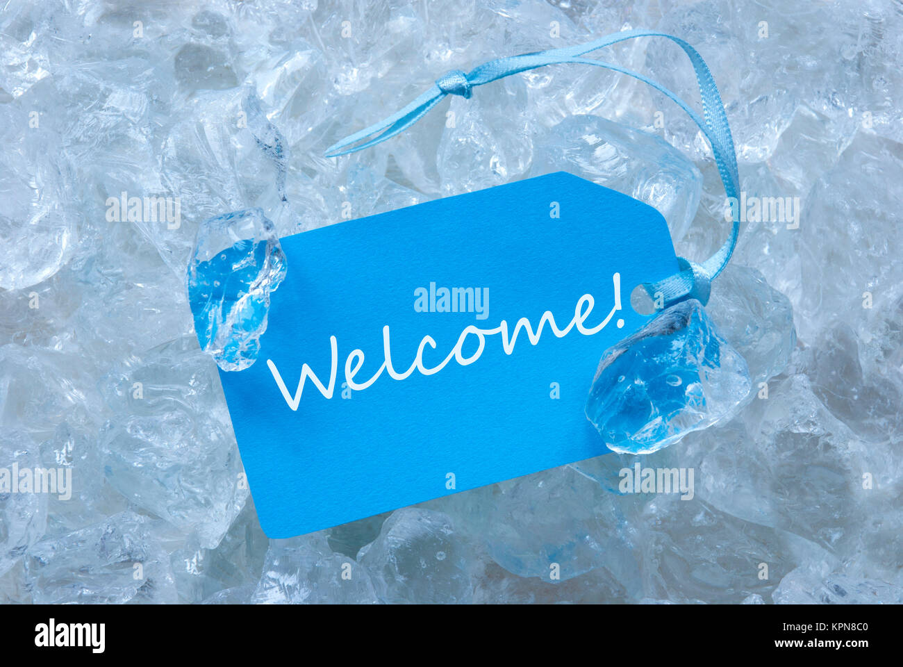 Light Blue Label With Blue Ribbon On White Transparent Curshed Ice ...