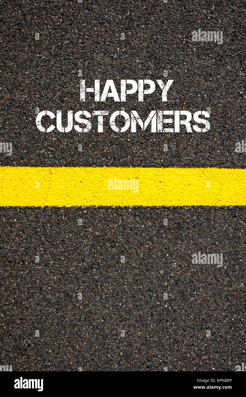 Road marking yellow line words HAPPY CUSTOMERS Stock Photo - Alamy