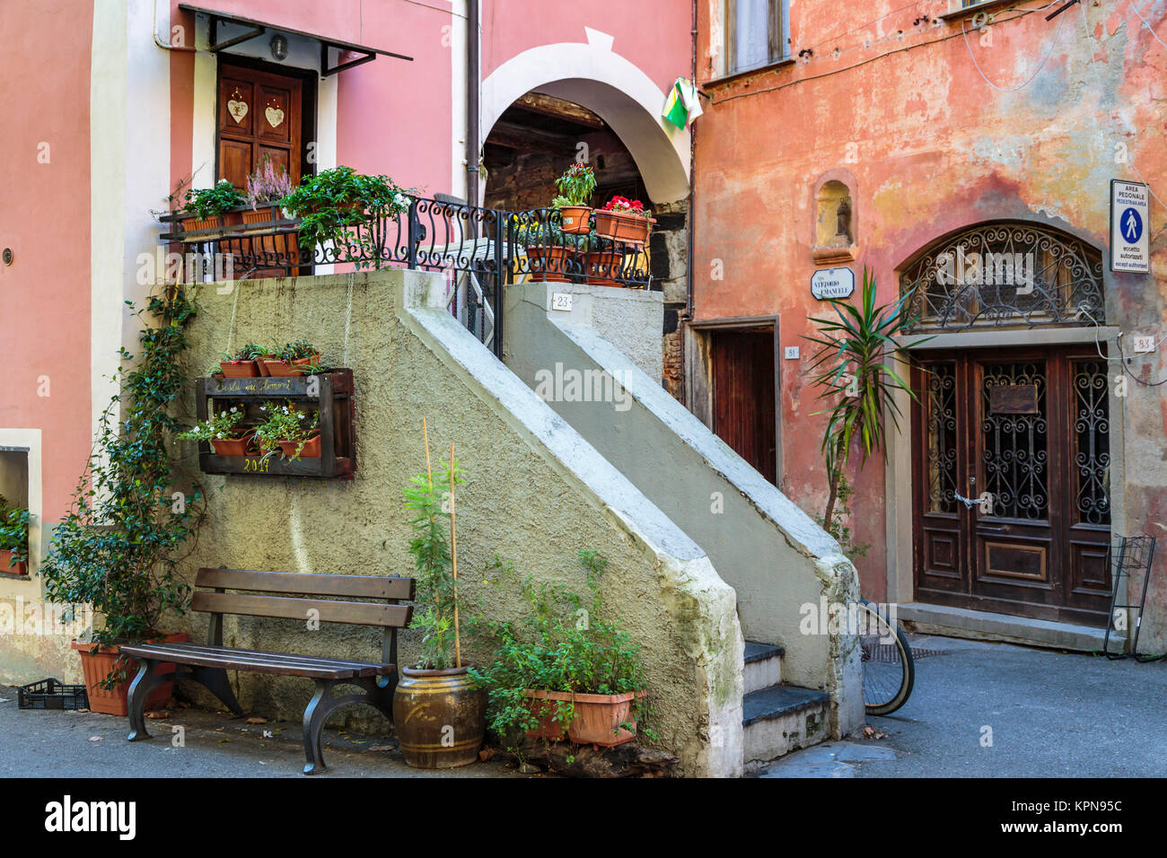 Shops and storefronts with stairs in Monterosso al Mare, Liguria, Italy ...