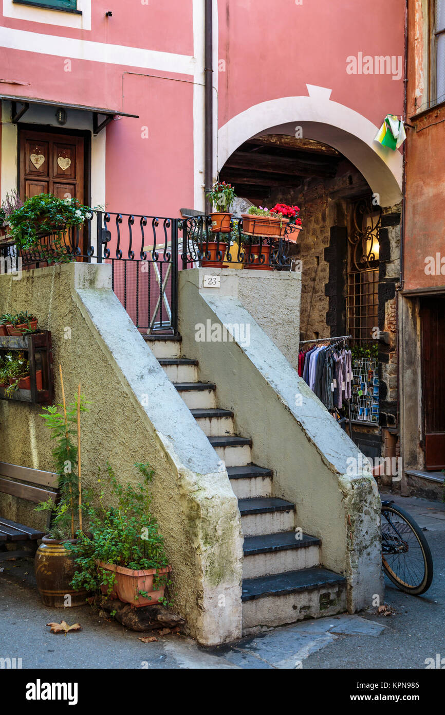 Shops and storefronts with stairs in Monterosso al Mare, Liguria, Italy ...
