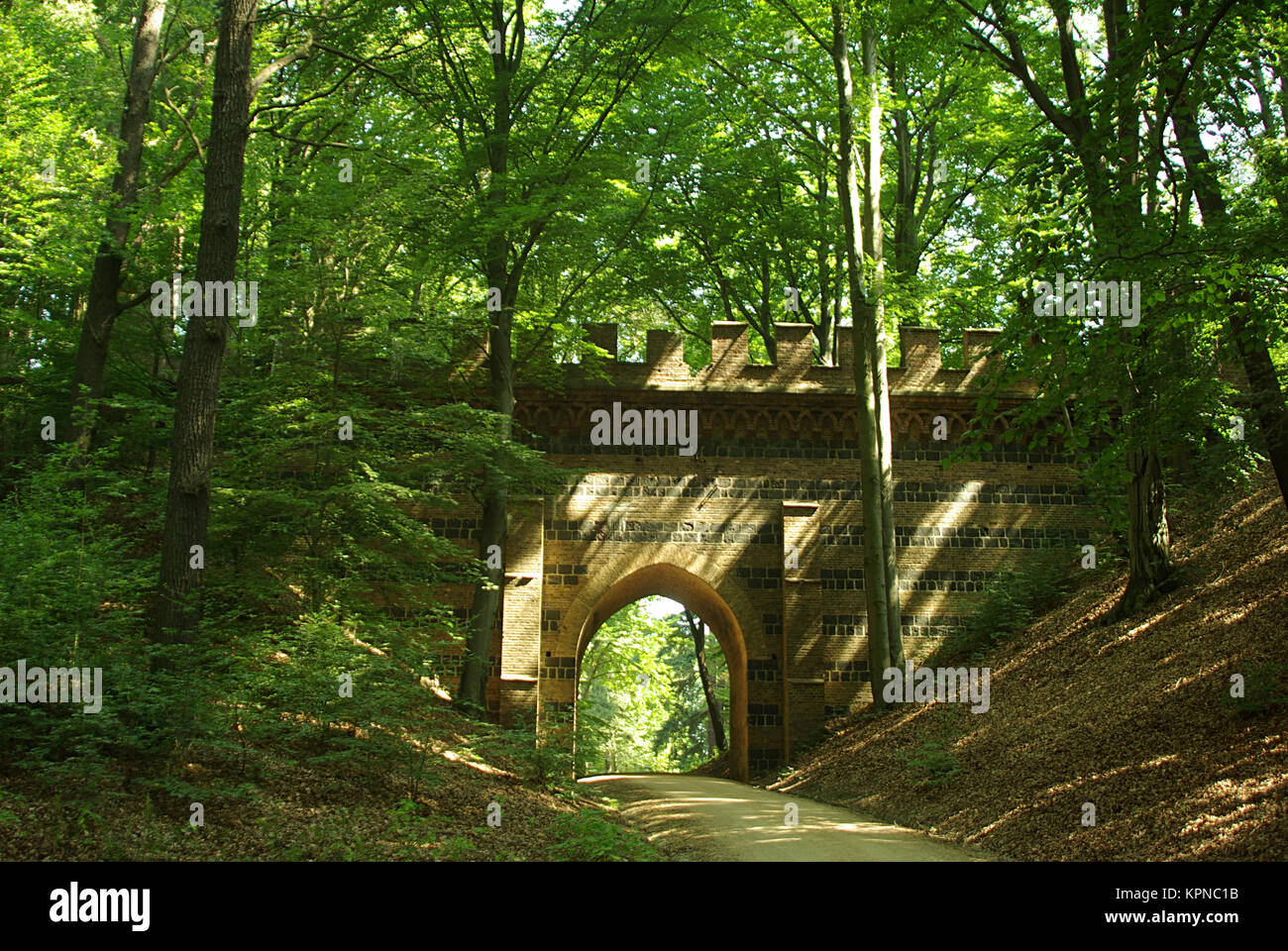 old stone bridge with battlements and bridge arch,prince pÃ¼ckler park ...