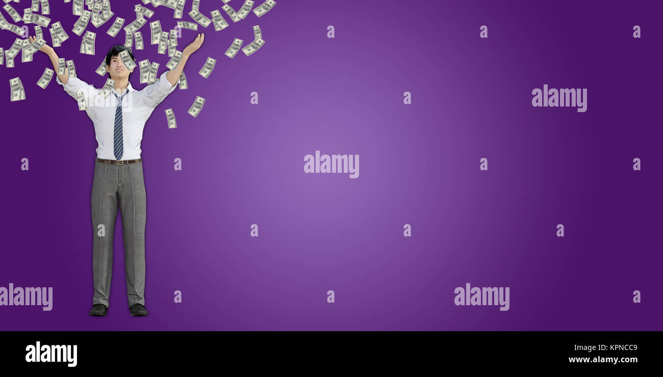 Asian Man Catching Money Falling From the Sky Stock Photo - Alamy